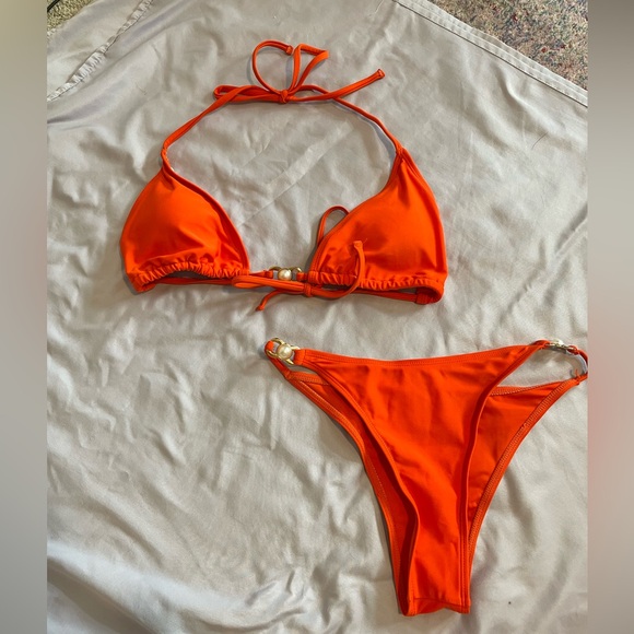 Swim | Orange Triangle Bikkini Set With Faux Pearl Detailing | Poshmark